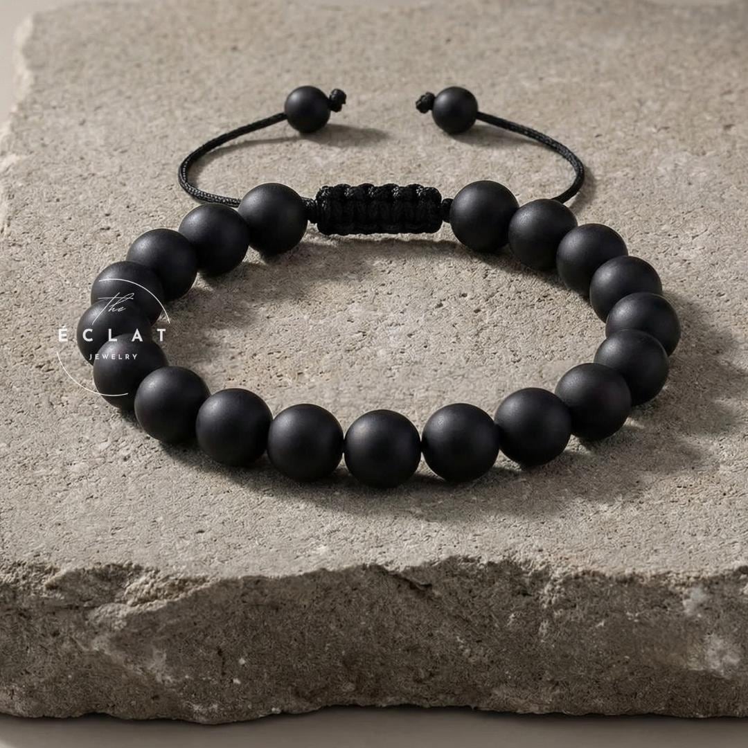 Matte Black Onyx Bracelet: Adjustable Macrame Cord, Smooth Beaded ...