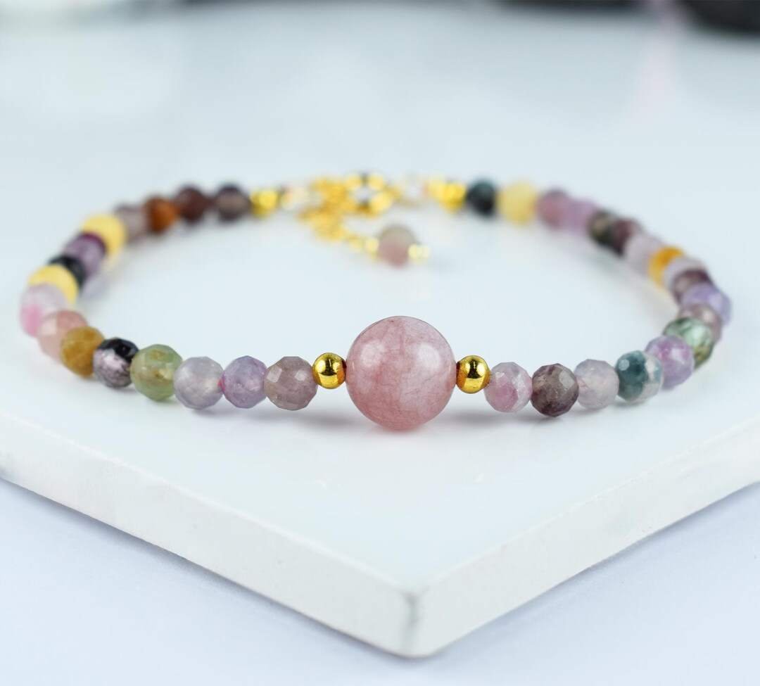 Rainbow Tourmaline Strawberry Quartz Bracelet:dainty Healing Gemstone ...