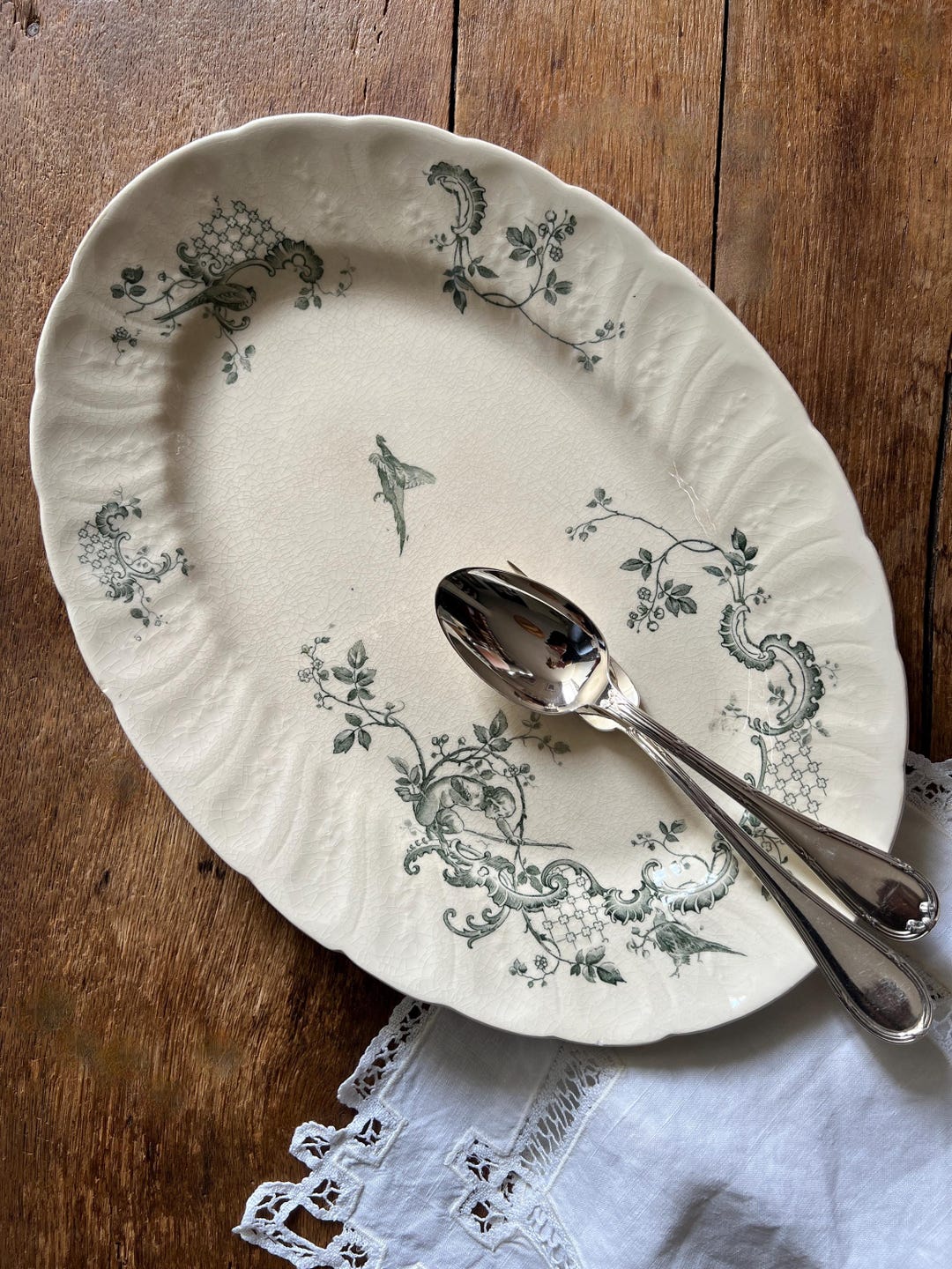 LAUZUN - Large Oval Platter With Birds, Terre De Fer Pattern, Lauzun ...