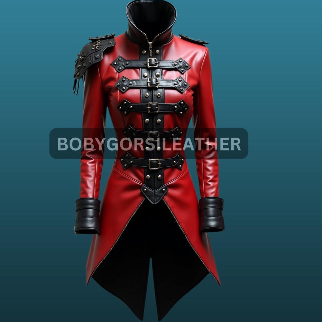 Luxury Victorian Handcrafted Red Leather Gothic Trench Coat With Black ...