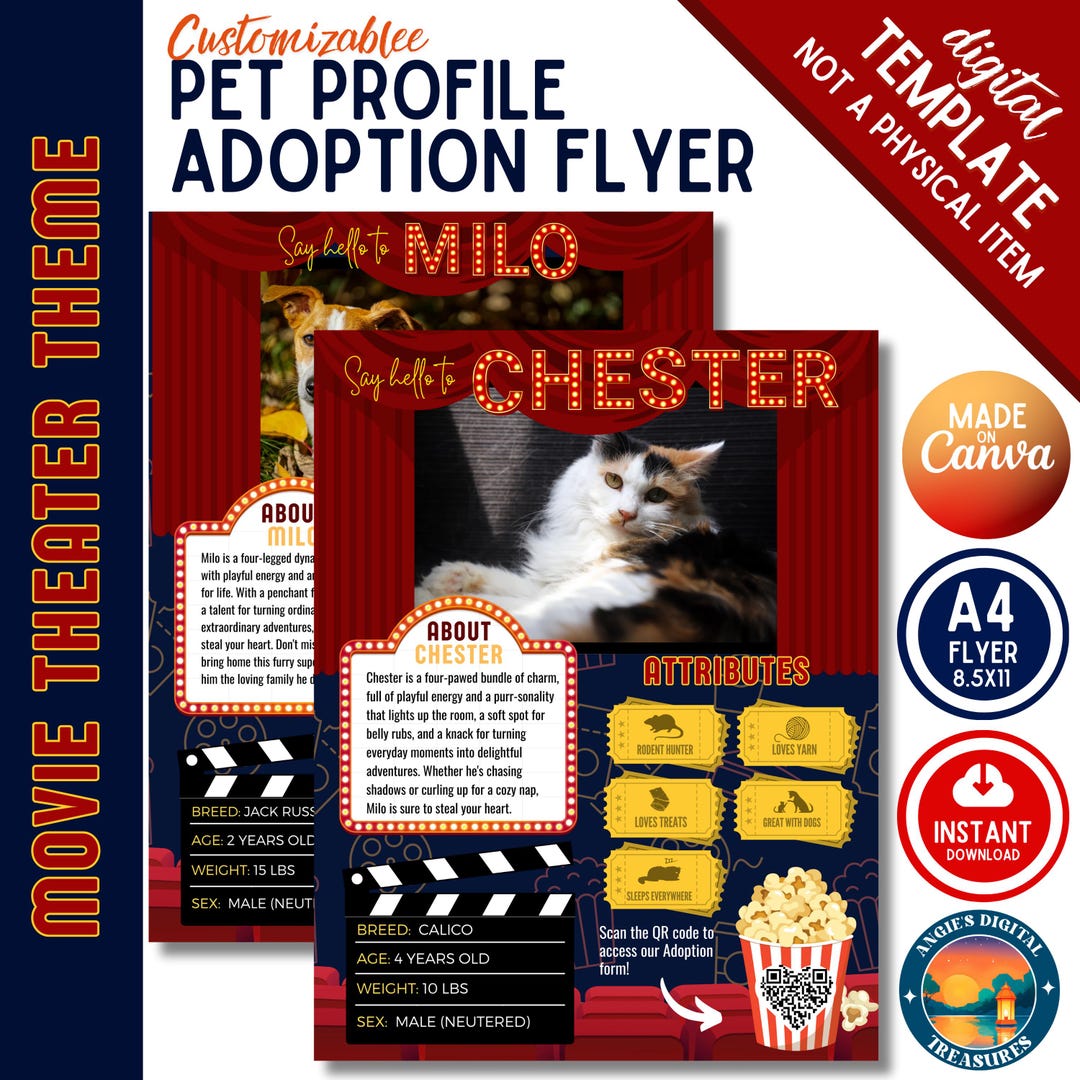 Movie Theatre Theme Editable Pet Profile Adoption Flyer Template - Etsy
