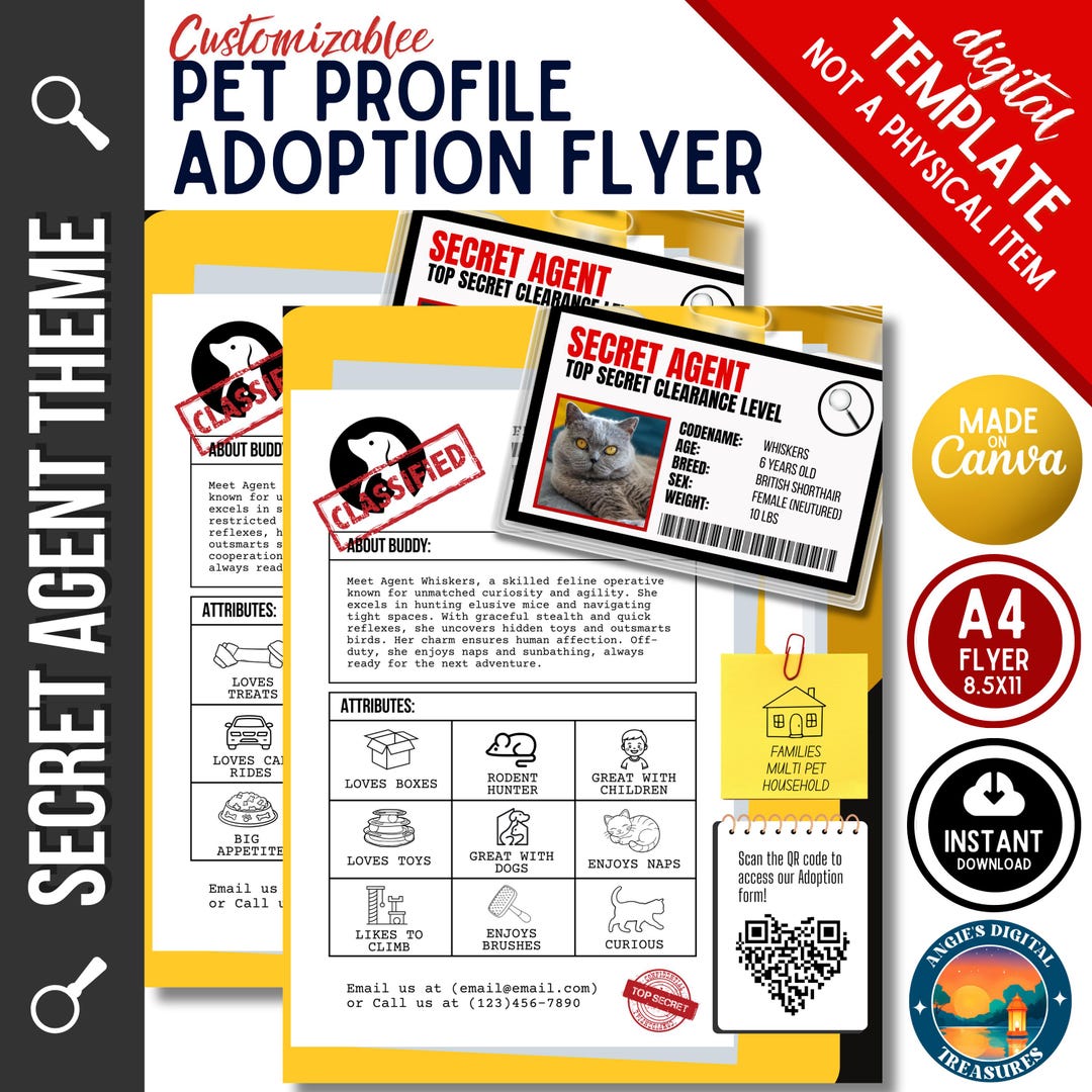 Special Agent Spy Theme Editable Pet Profile Adoption Flyer Template - Etsy