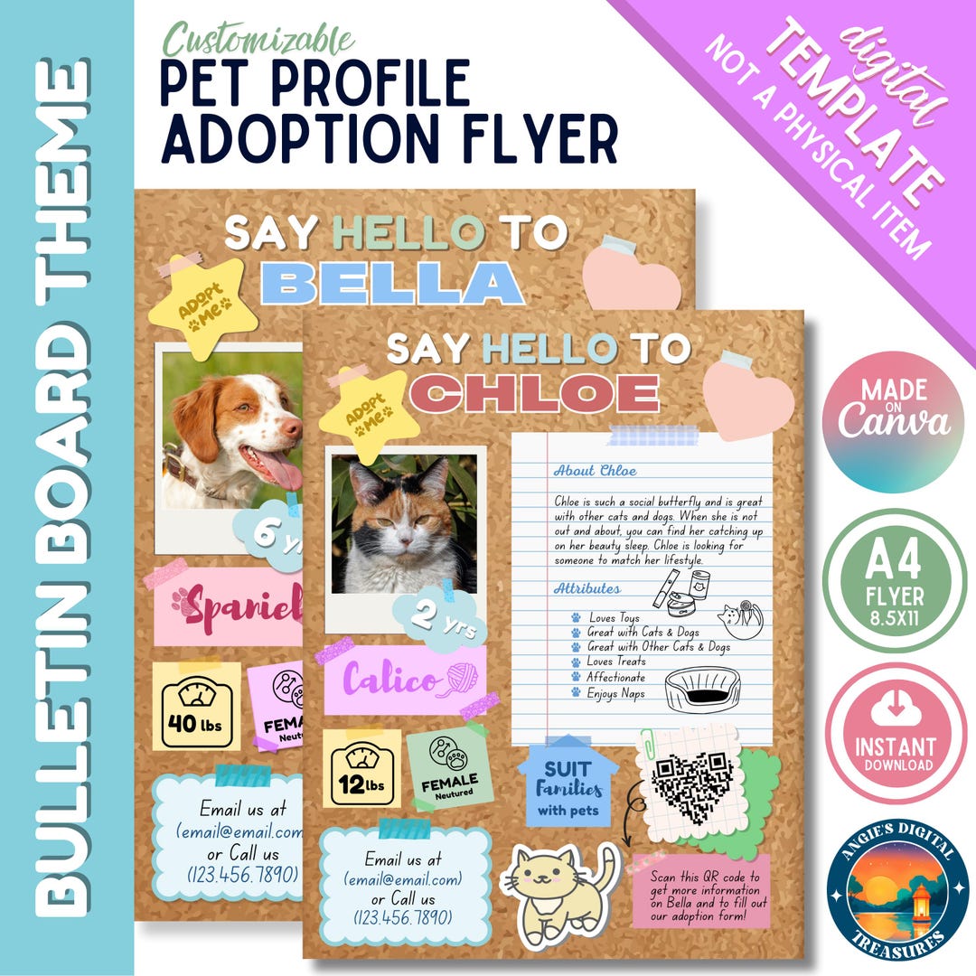 Bulletin Board Theme Editable Pet Profile Adoption Flyer Template - Etsy