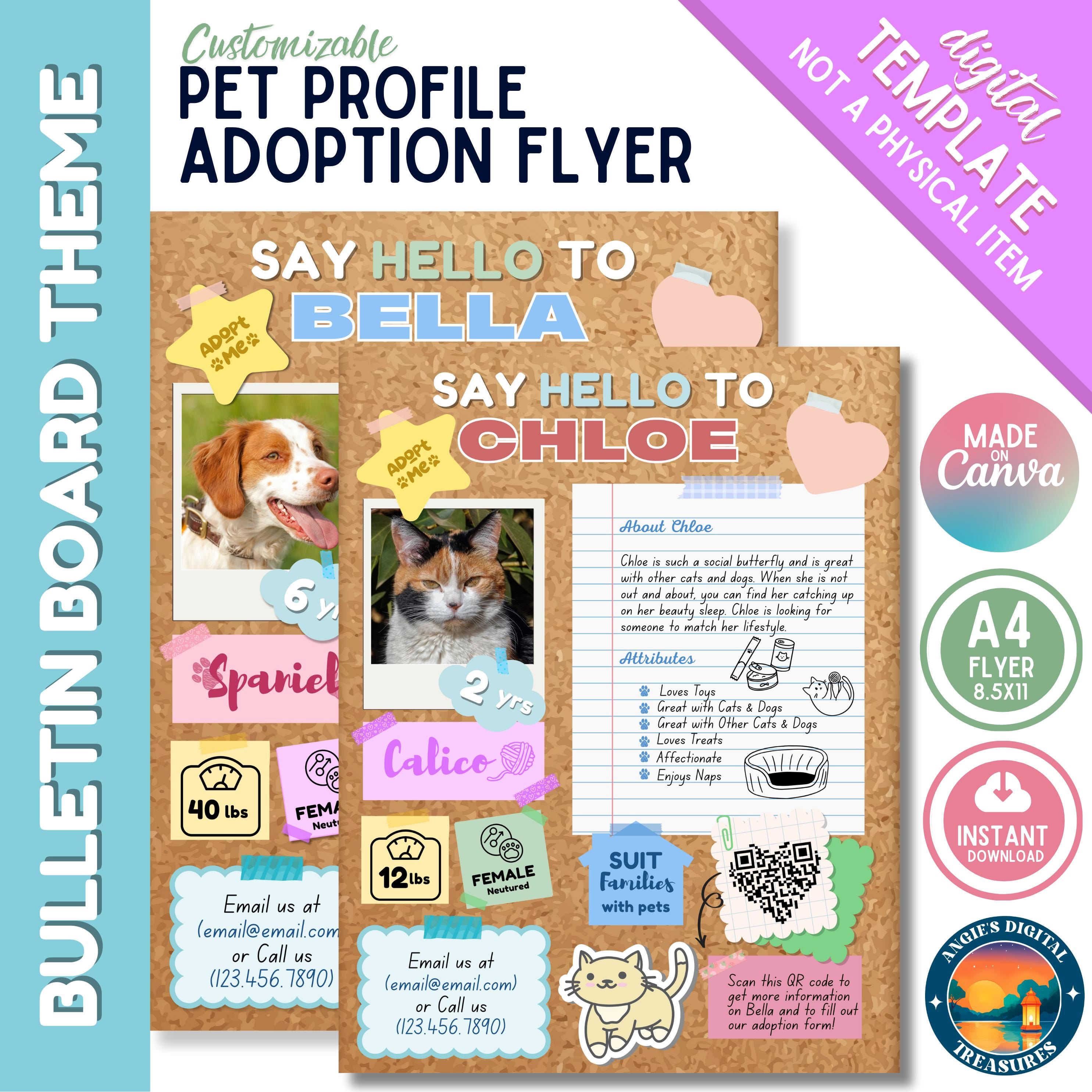 Bulletin Board Theme Editable Pet Profile Adoption Flyer Template - Etsy