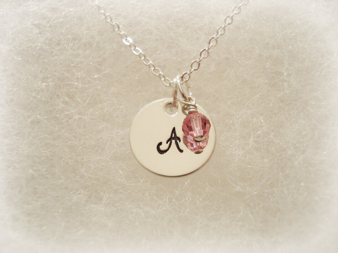 Sterling Silver Script Initial Necklace Swarovski Birthstone Etsy