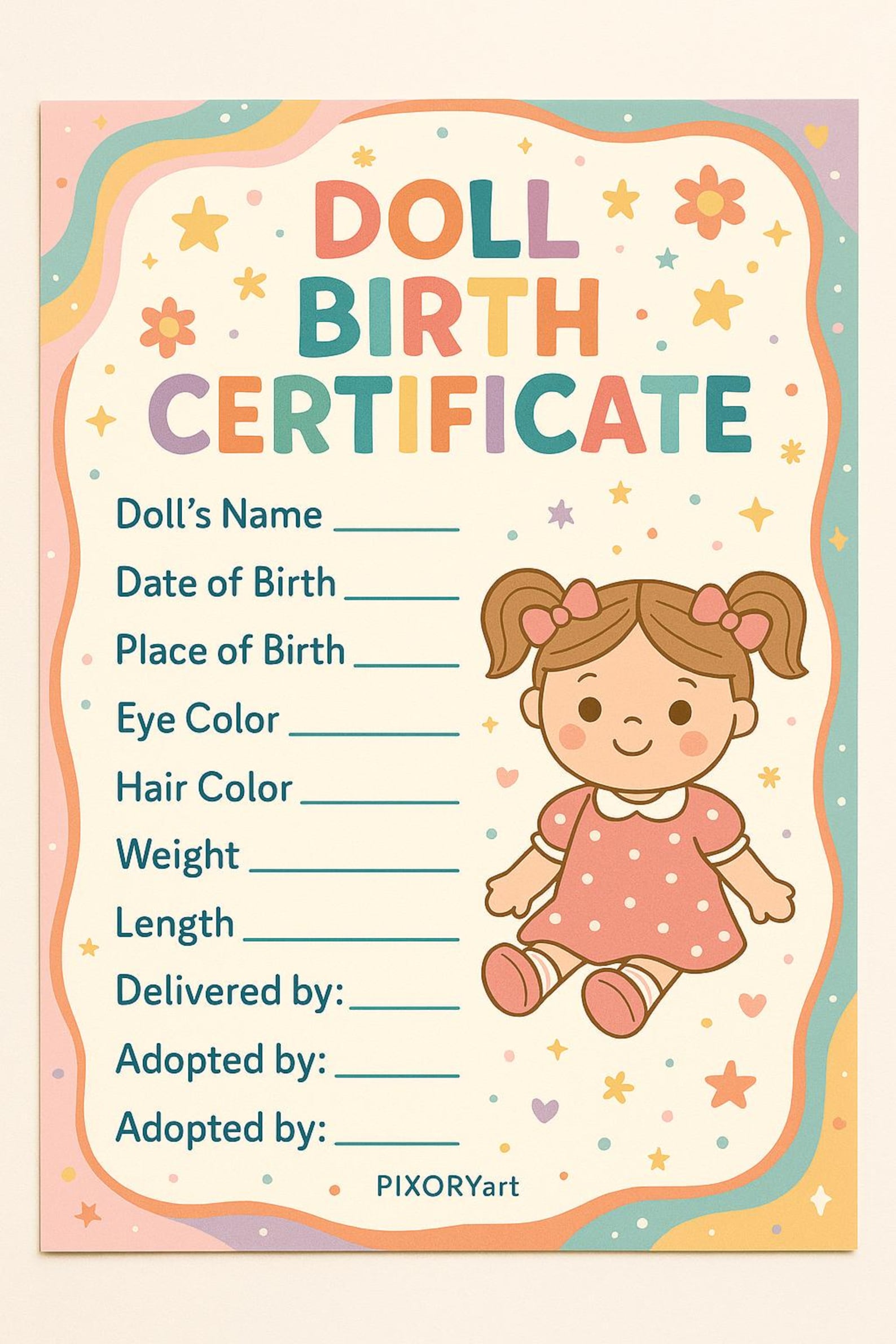 Printable Doll Birth Certificate – Cute Colorful PDF for Kids | Digital ...