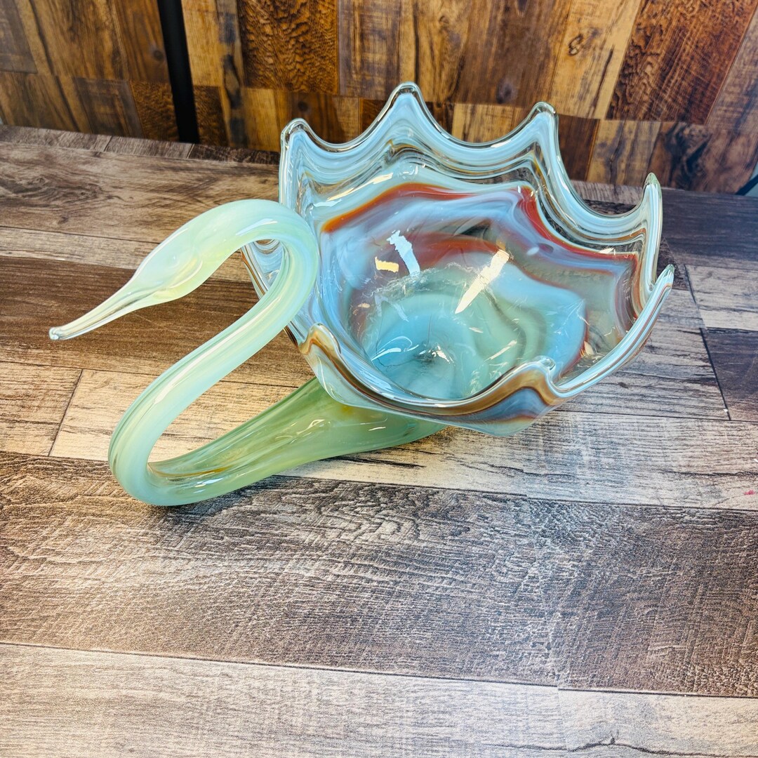 Vtg Hand Blown Murano Style Ozark Art Glass Green Brown Swirl Swan Bowl ...