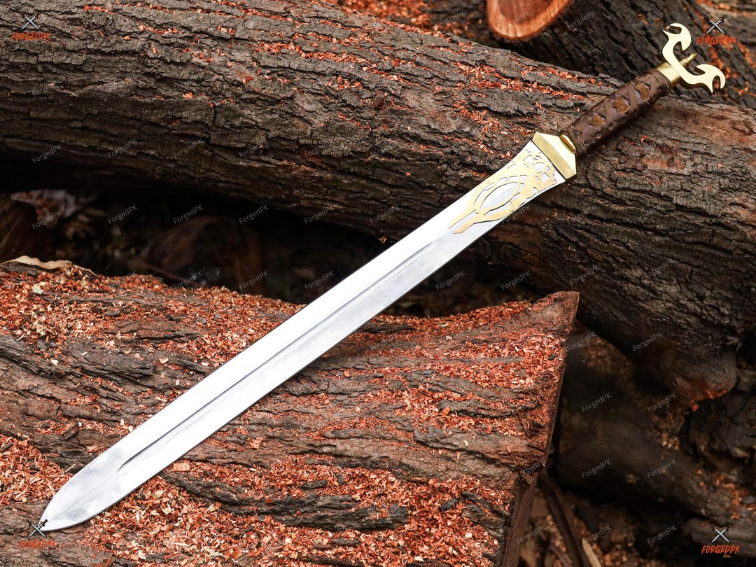 Handcrafted Fantasy Sword With Brass Inlay and Leather Grip ...
