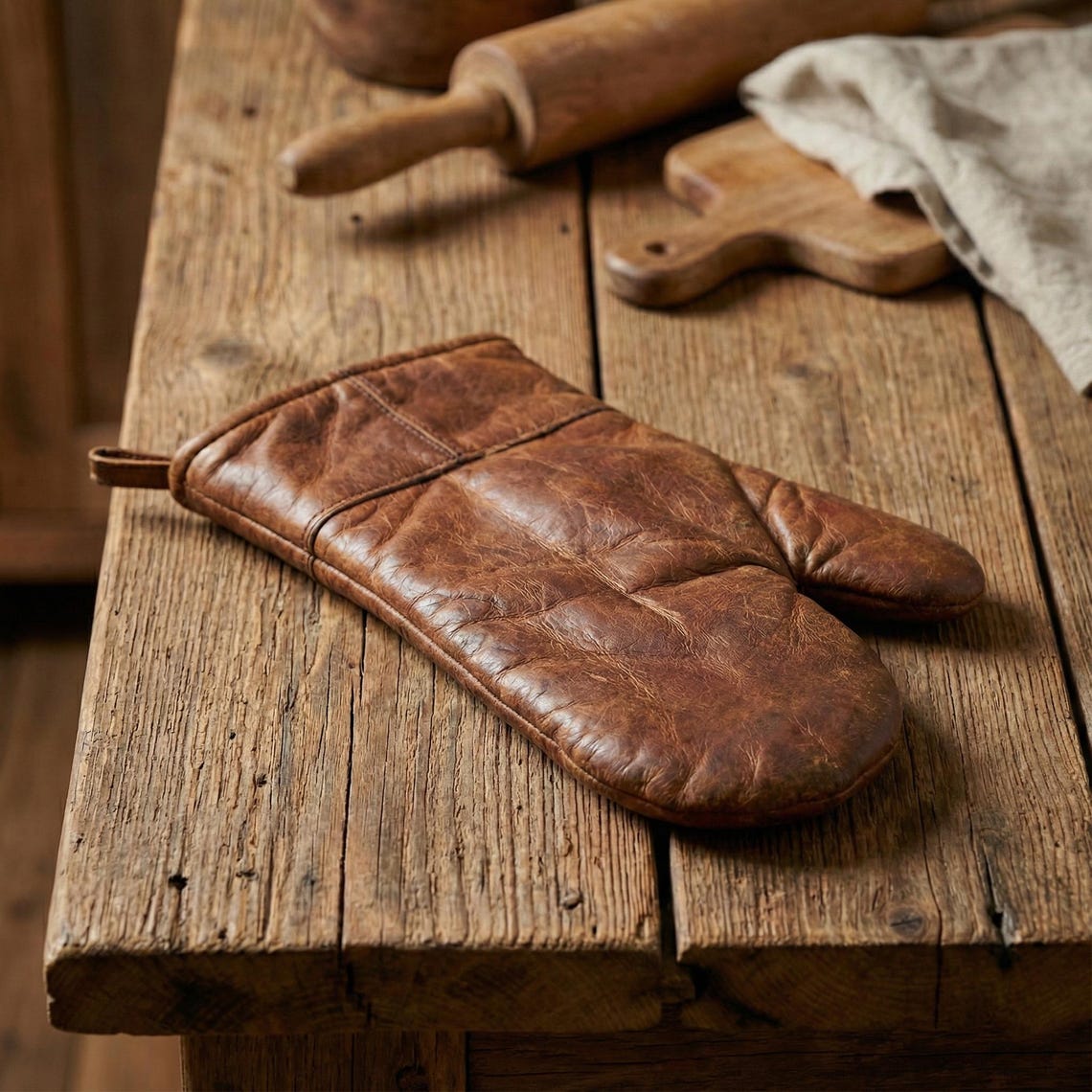 Vintage Handcrafted Brown-leather Oven Mitt | Rustic Heat-resistant ...