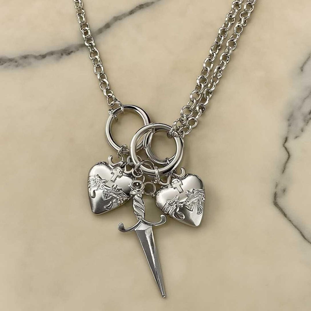 Stainless Steel Sword and Sacred Heart Charm Necklace | Gothic Y2K O ...