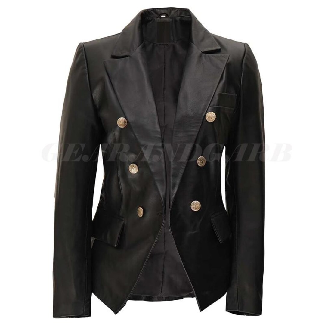 Kim Women's Double-breasted Black Leather Blazer – 100% Real Lambskin ...