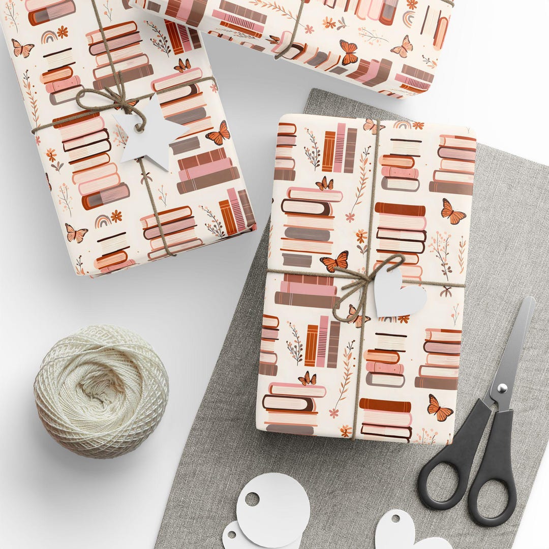 Bookshelf Wrapping Paper, Vintage Book Lover Gift Wrap, Cute Literary ...