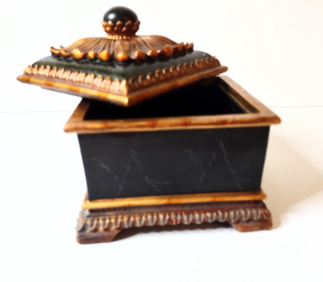 Vintage Jewelry Box/square/black With Ornate Copper Trim - Etsy
