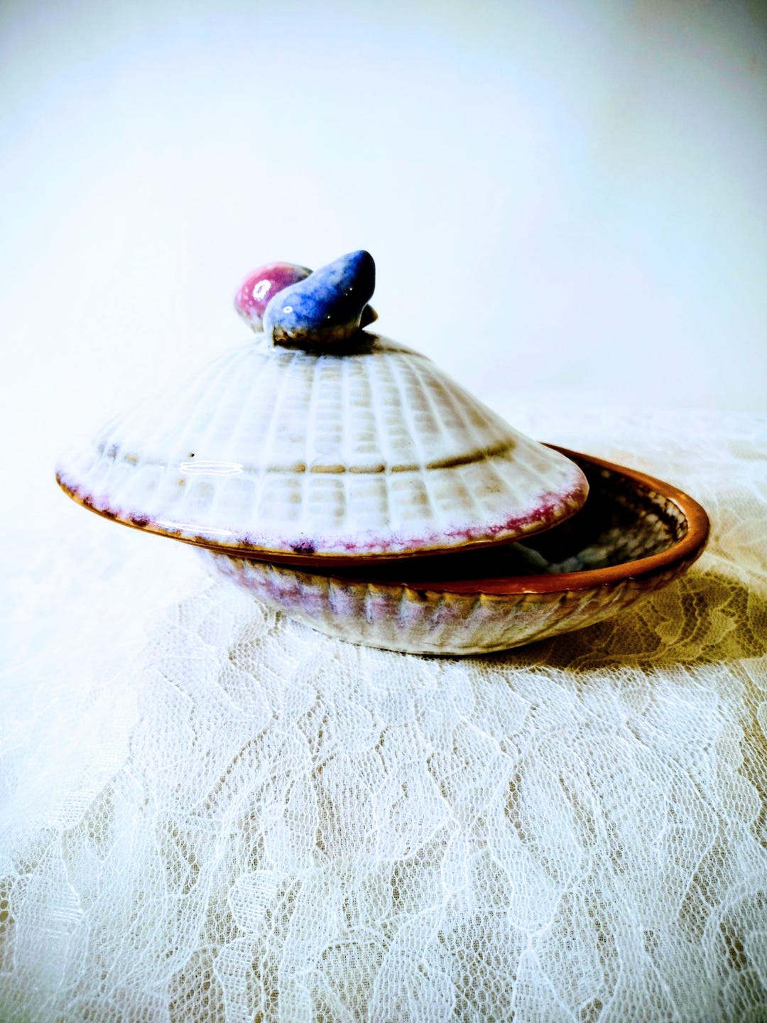 Vintage Ceramic Clam Trinket Box With Lid/beige Blue Pink/beach/cottage ...