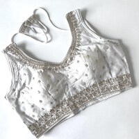 Olive Green Halter Neck Choli Blouse With Pearl Handwork | Custom ...