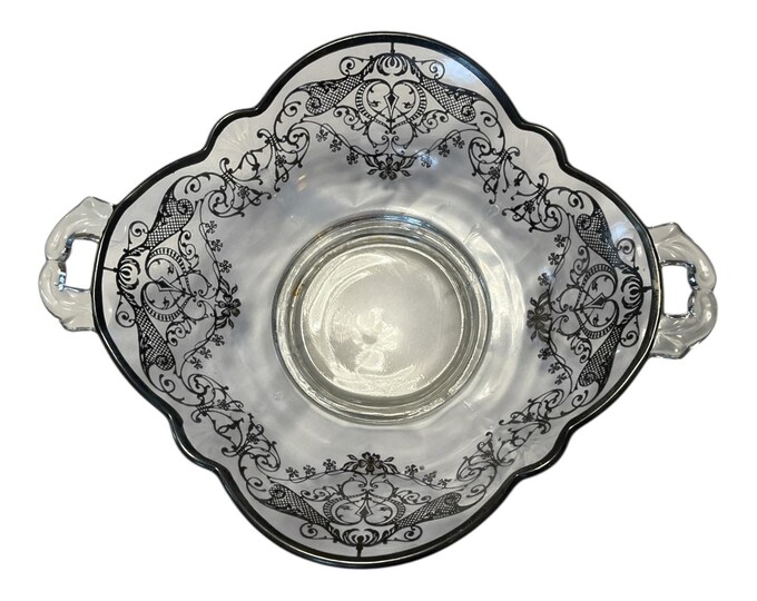 1940s-50s Silver Overlay Etched Glass Bowl – Ornate Scroll Design ...