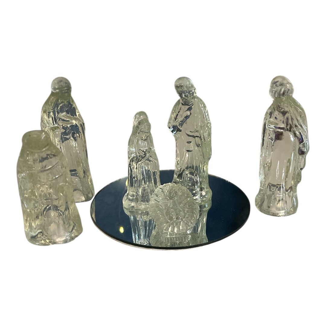 Vintage Clear Glass Mini Nativity Scene – 6-piece Set With Mirror Base ...