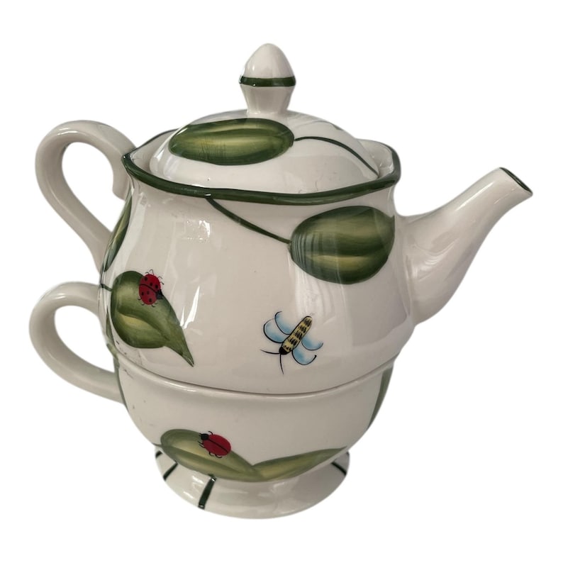 Vintage Harry and David Stacked Teapot & Teacup Ladybug Leaf Design ...