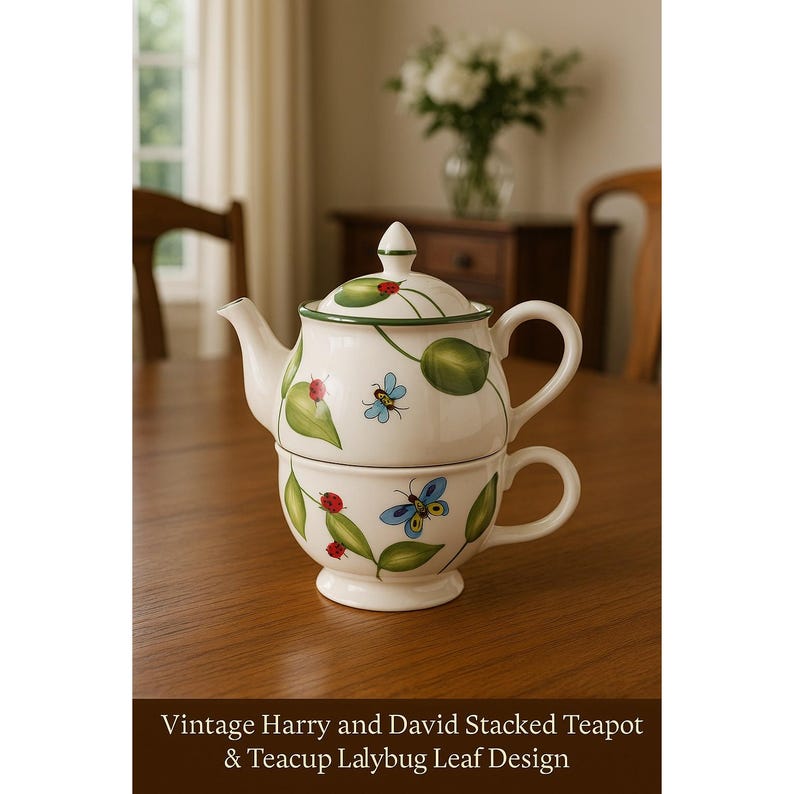 Vintage Harry and David Stacked Teapot & Teacup Ladybug Leaf Design ...
