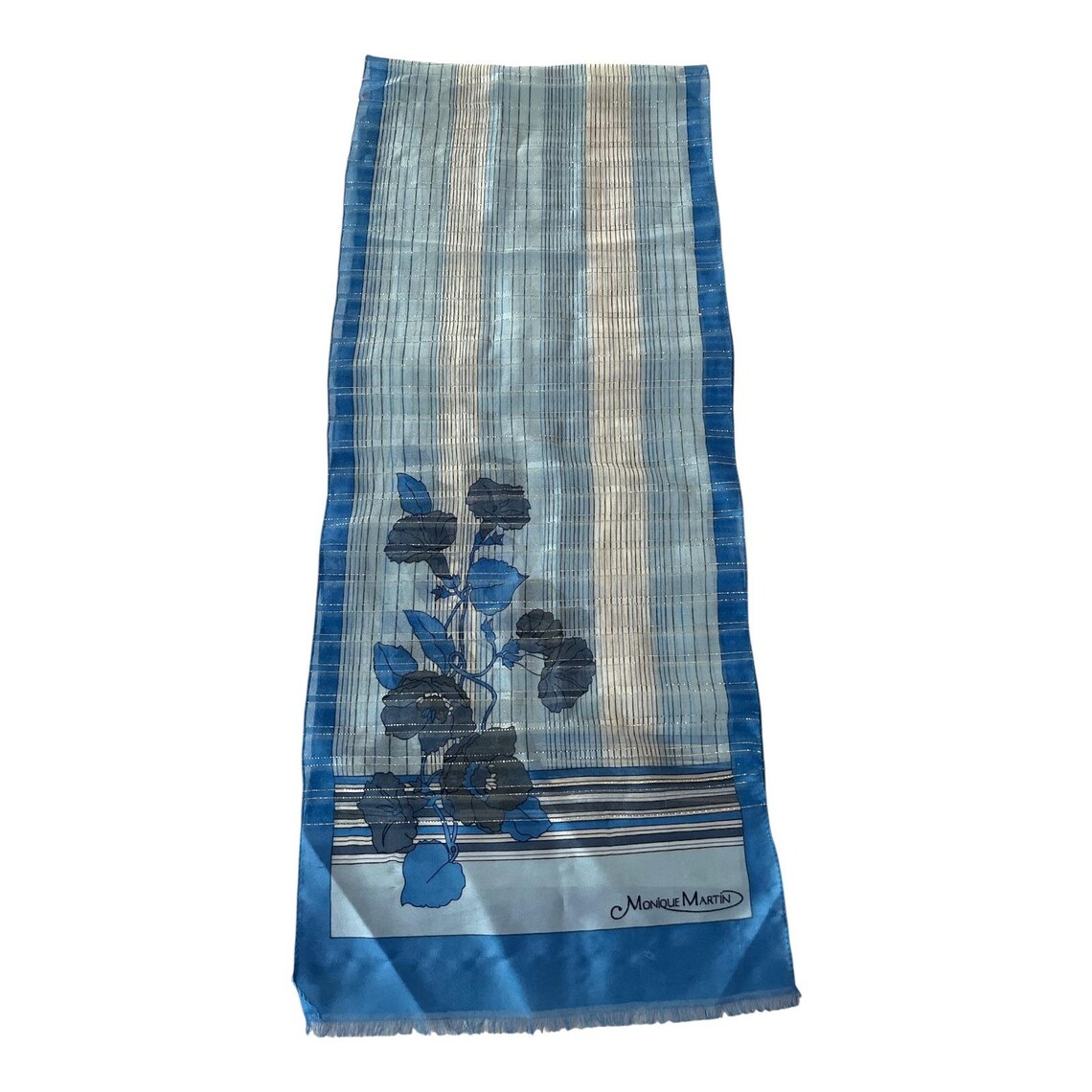 Vintage Monique Martin Blue Floral Striped Scarf – 52 X 11 – Sheer ...