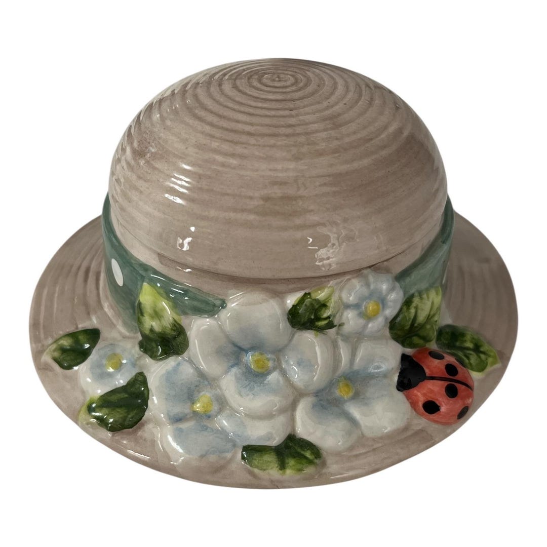 Nantucket Ceramic Hat Trinket Box With Ladybug & Floral Design ...