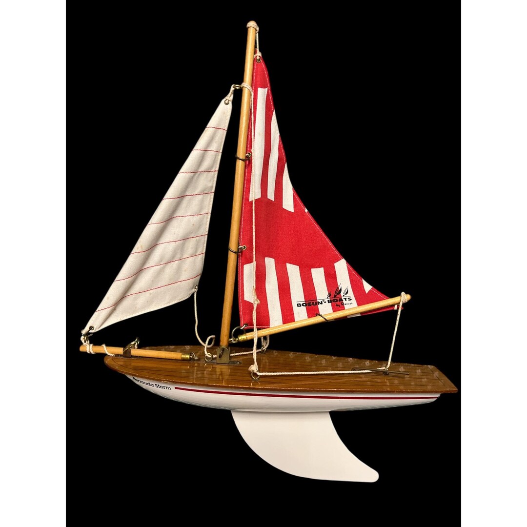 VTG Bermuda Storm Wooden Sailboat Model Bosun Boats Red White Sails ...