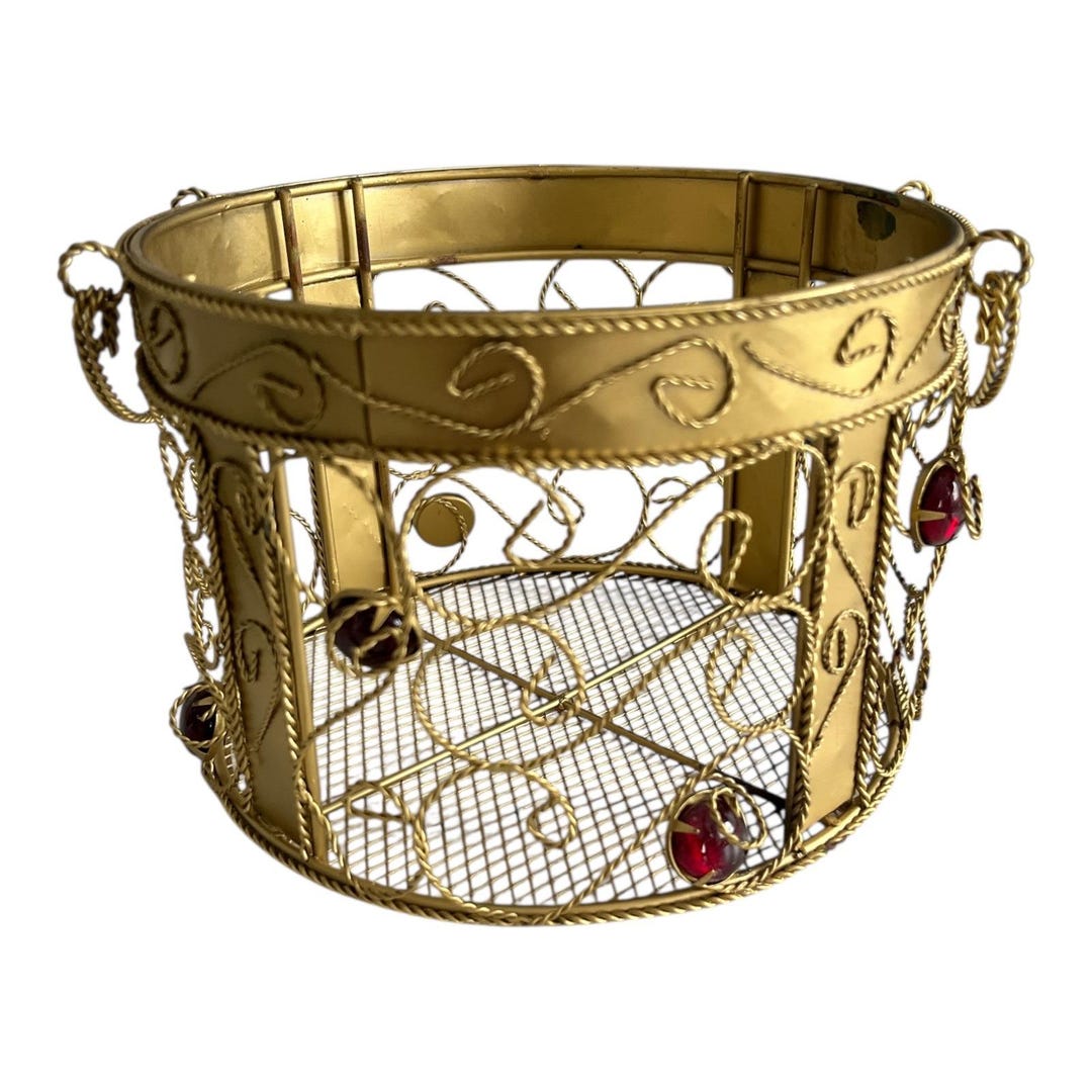 1990s Gold Wire Metal Candle Holder With Red Gem Accents – Round Scroll ...