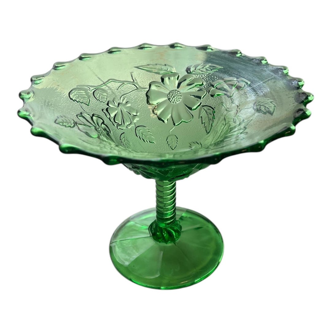 Vintage Green Depression Glass Compote Dish – Floral Pattern – Circa ...