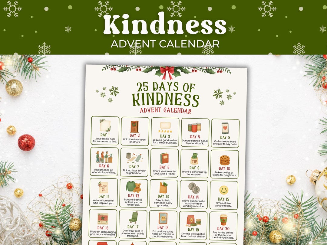 25 Days of Kindness Calendar, Printable Christmas Advent Calendar ...