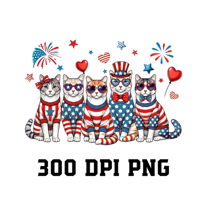 4th of July Patriotic Cat PNG, Fourth of July Cats Clipart, Red White ...