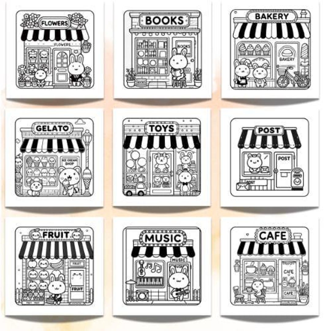 Kawaii Coloring Pages | Printable Cute Shops Bundle | PDF-PNG Instant ...