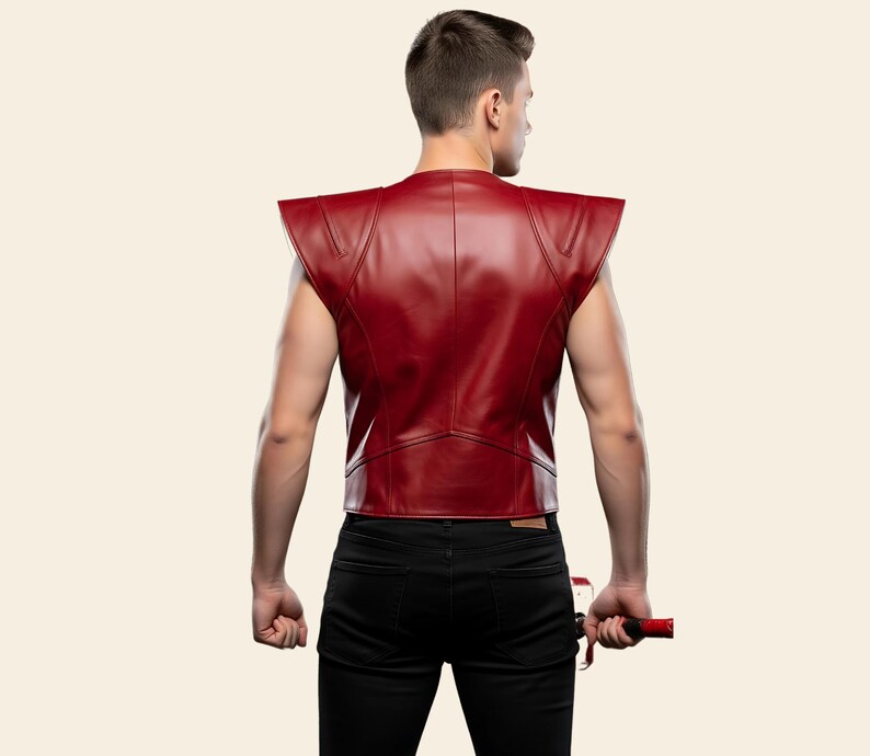 Men Red Leather Deep V Vest, Sleeveless Warrior Style Shoulder Padded ...