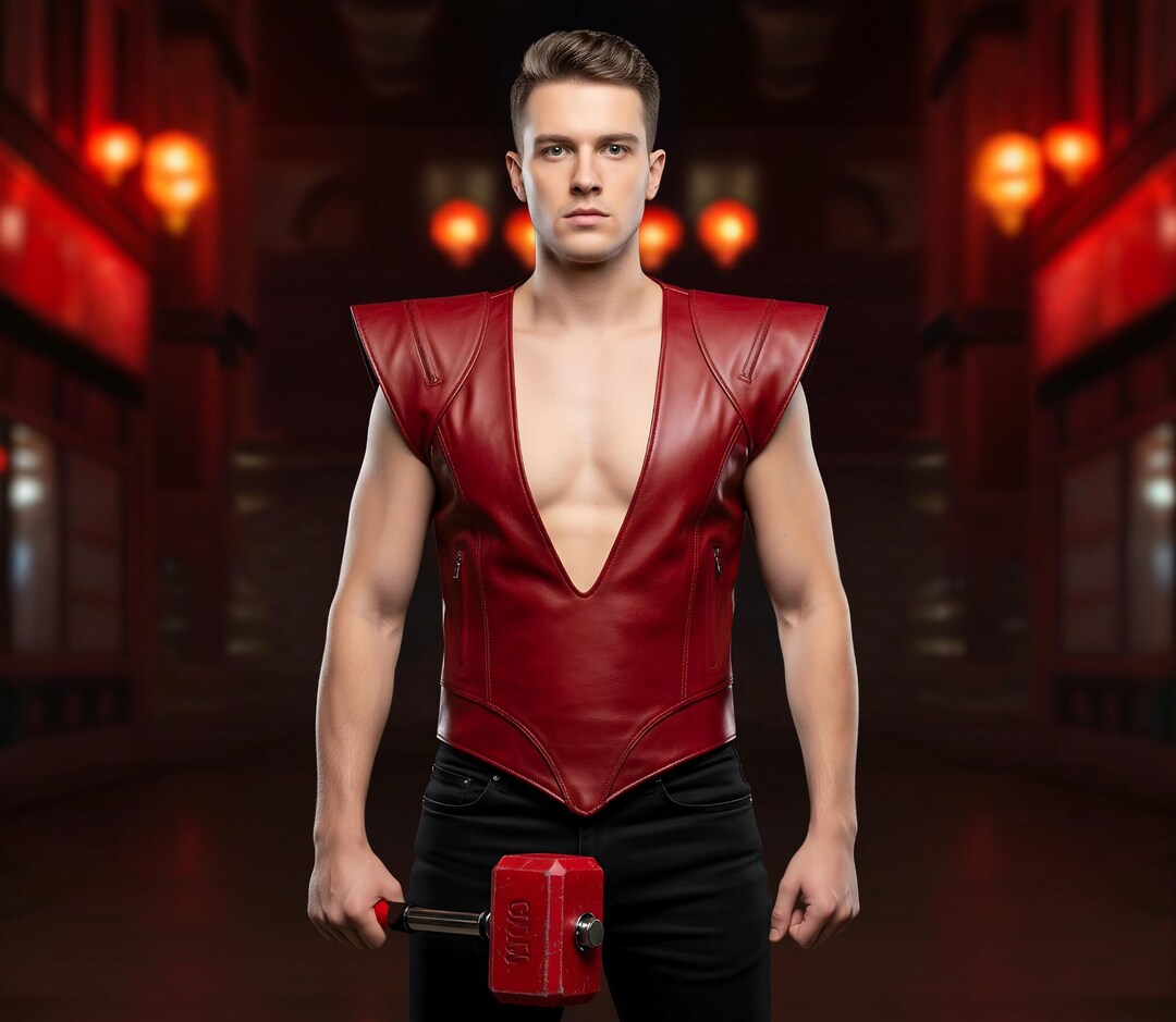Men Red Leather Deep V Vest, Sleeveless Warrior Style Shoulder Padded ...