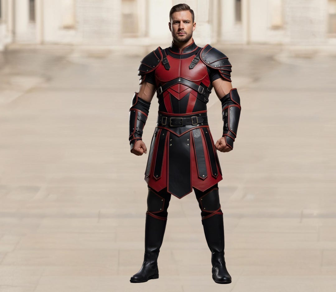 Men’s Red and Black Genuine Leather Warrior Outfit, Handmade Gothic ...