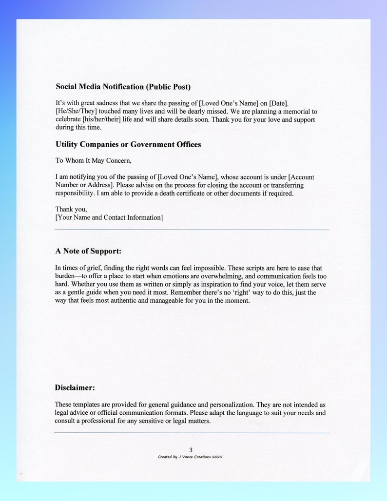 Scripts for Notifying Others After a Loss | Printable Death ...