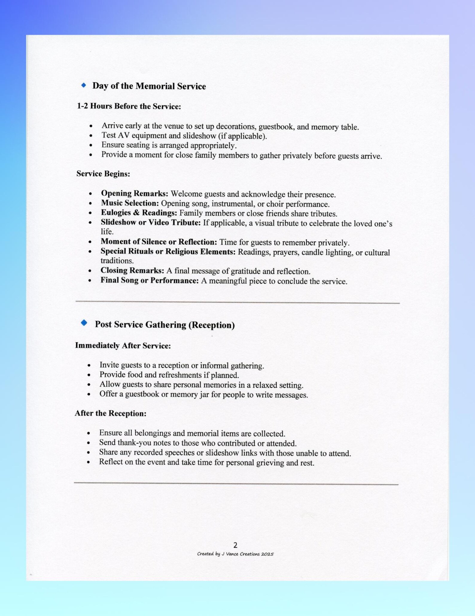 Memorial Service Planning Guide: Timeline Checklist (A4 & US Letter PDF ...