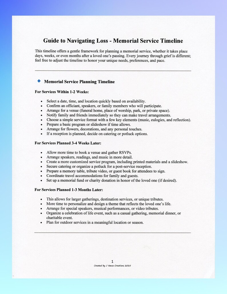 Memorial Service Planning Guide: Timeline Checklist (A4 & US Letter PDF ...