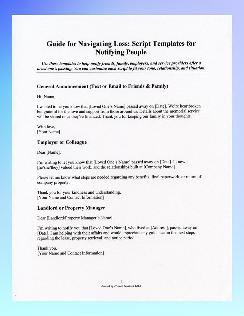 Scripts for Notifying Others After a Loss | Printable Death ...