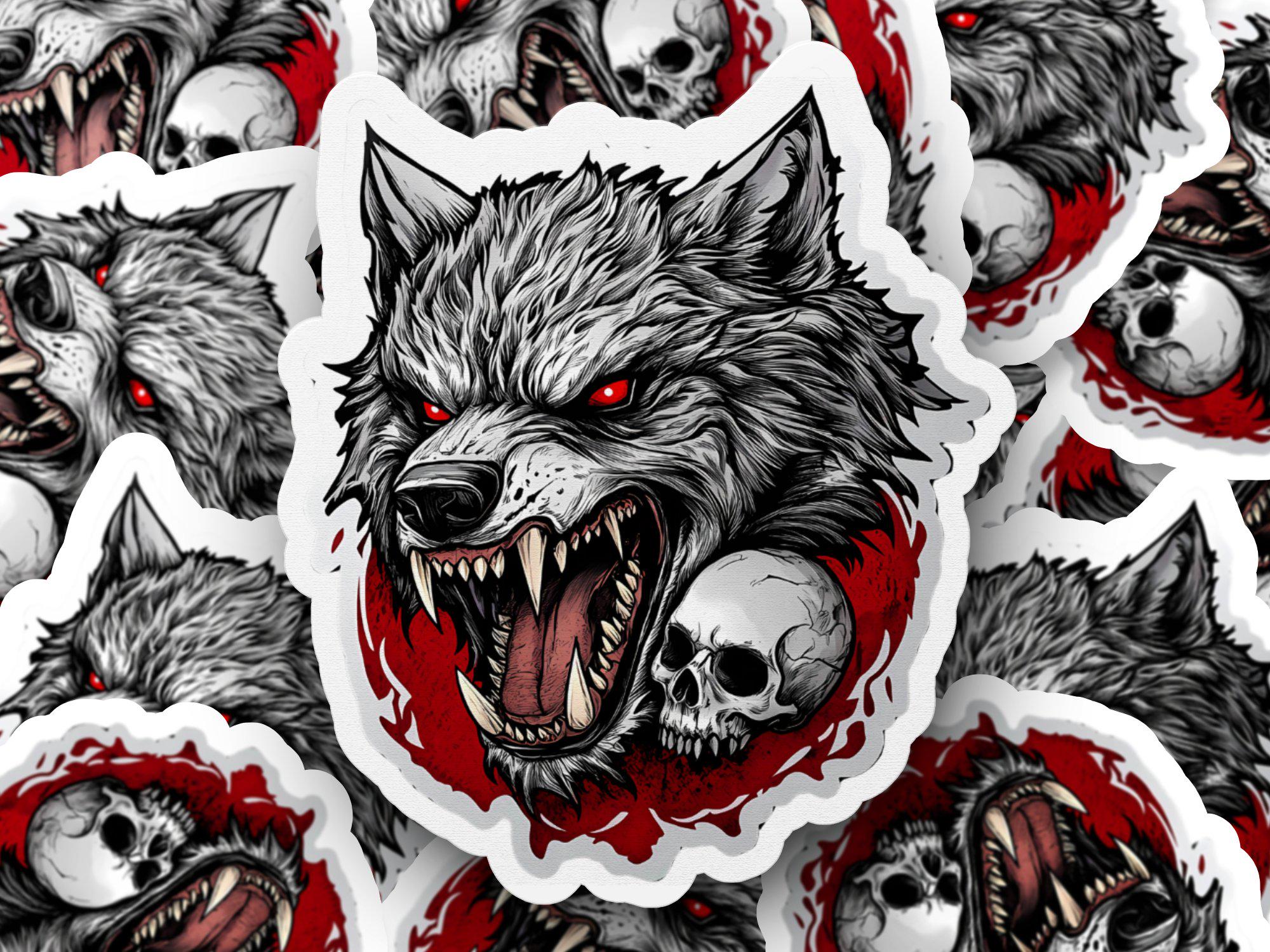 Snarling Blood Skull Werewolf Sticker, Fierce Wolf Vinyl Decal, Gothic ...