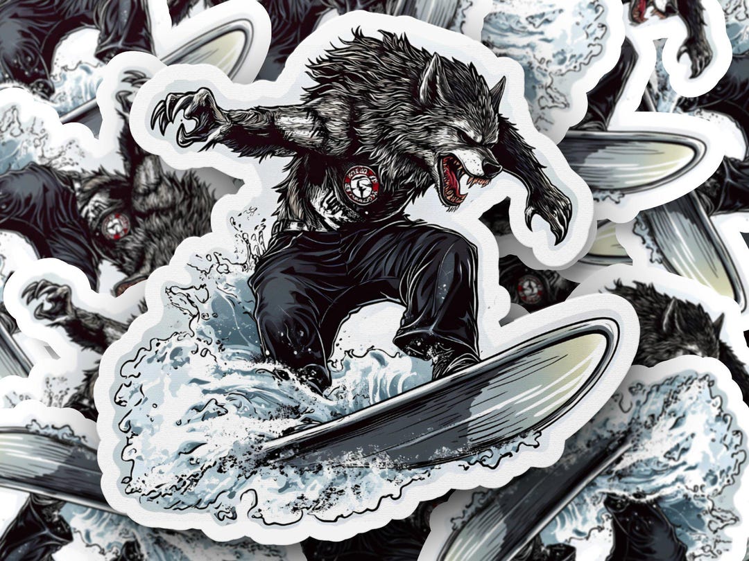 Surfing Werewolf Sticker, Radical Wolf Vinyl Decal, Horror Beach Art ...
