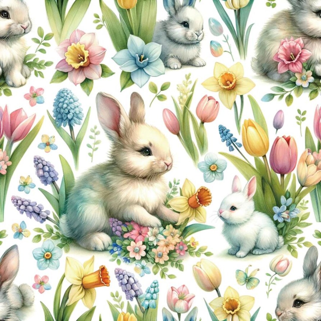 Spring Bunny Floral Cotton Fabric Pastel Easter Rabbits & Flowers ...
