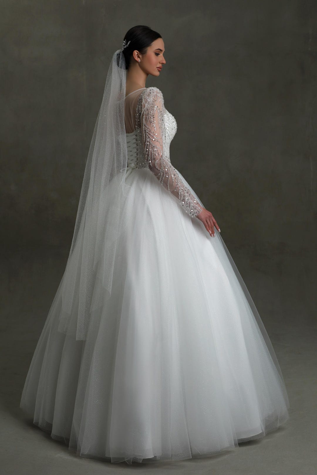 Elegant Long Sleeve Ball Gown Wedding Dress With Beaded Bodice and ...