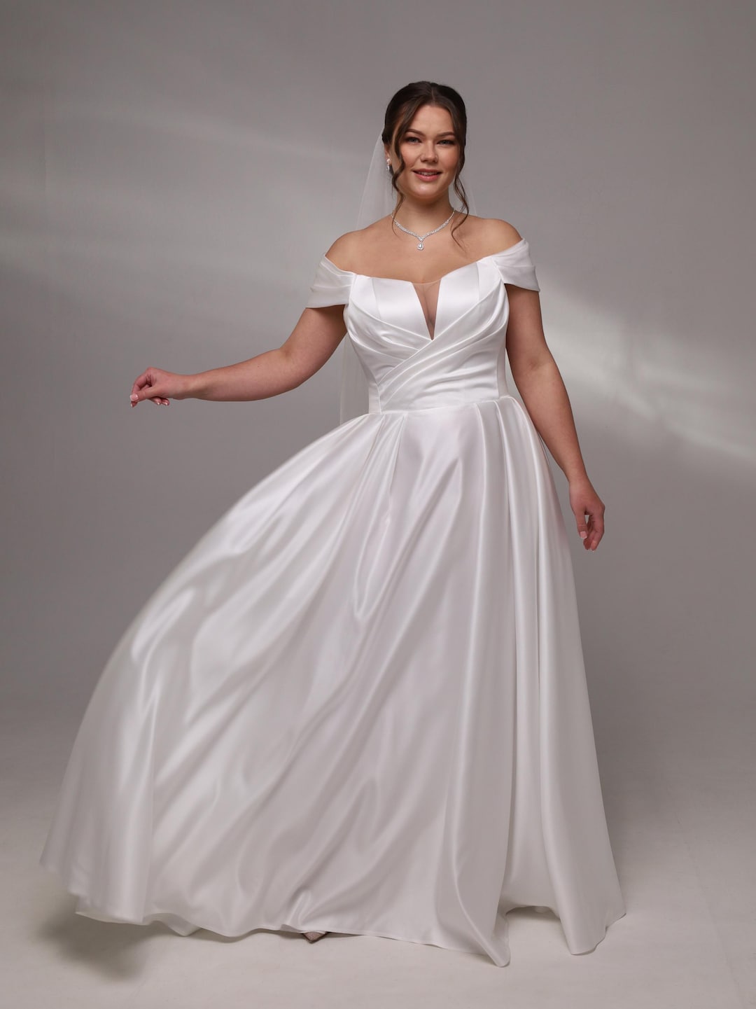Plus Size off Shoulder Satin Wedding Dress, A-line Bridal Gown With ...