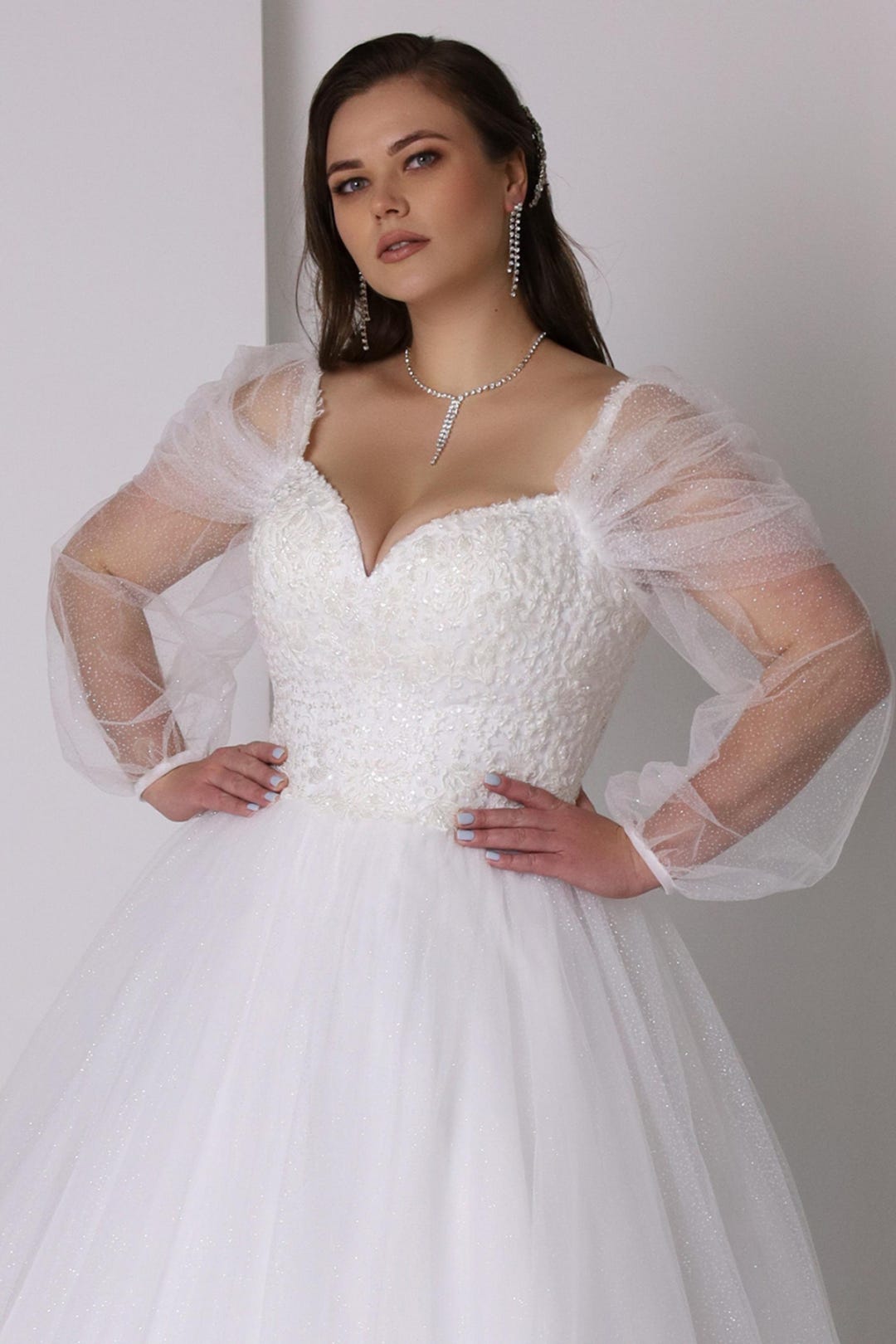 Plus Size Wedding Dress With Long Puff Sleeves, Sweetheart Neckline, A ...