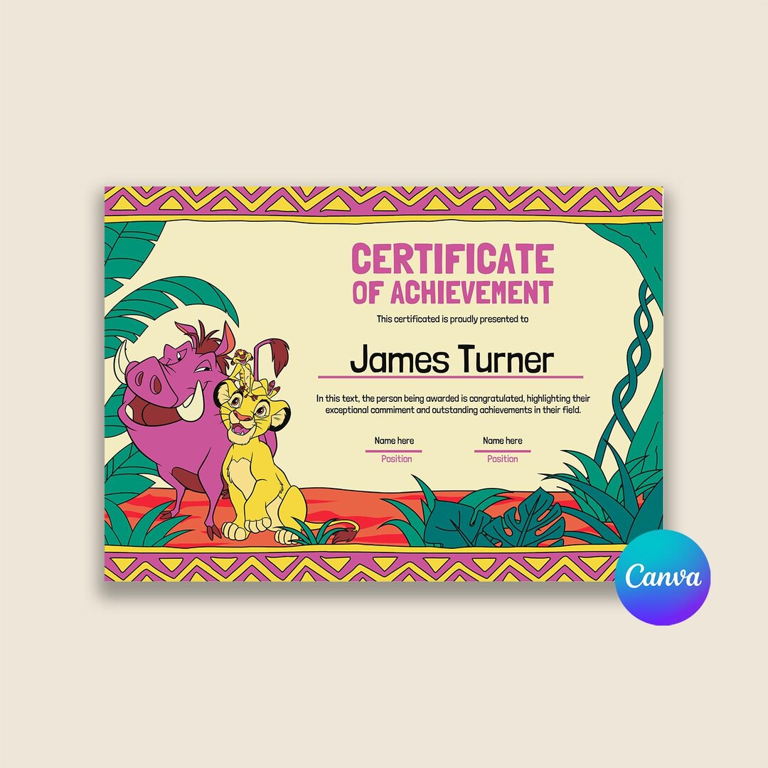 The Lion King Certificate of Achievement Template (editable, PDF) - Etsy