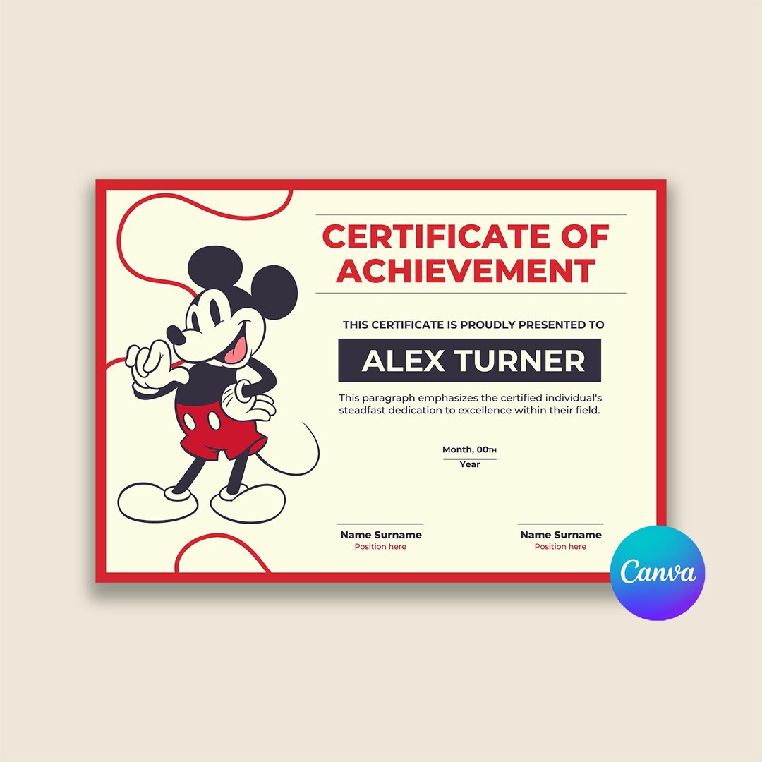 Mickey Mouse Certificate of Achievement Template Editable Certificate ...