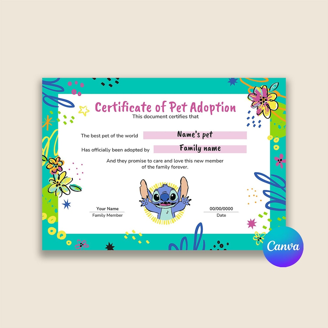 Stitch Certificate of Pet Adoption Template Editable Certificate ...