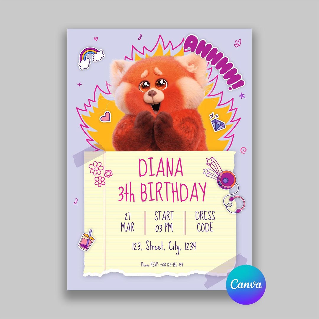 Turning Red Birthday Invitation Template Digital Card Birthday Editable ...