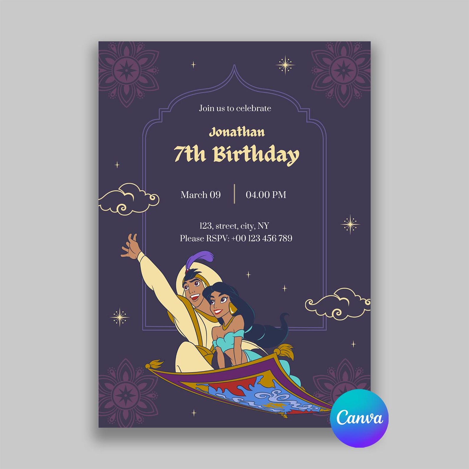 Aladdin and Jasmine Birthday Invitation Template Digital Card Birthday ...