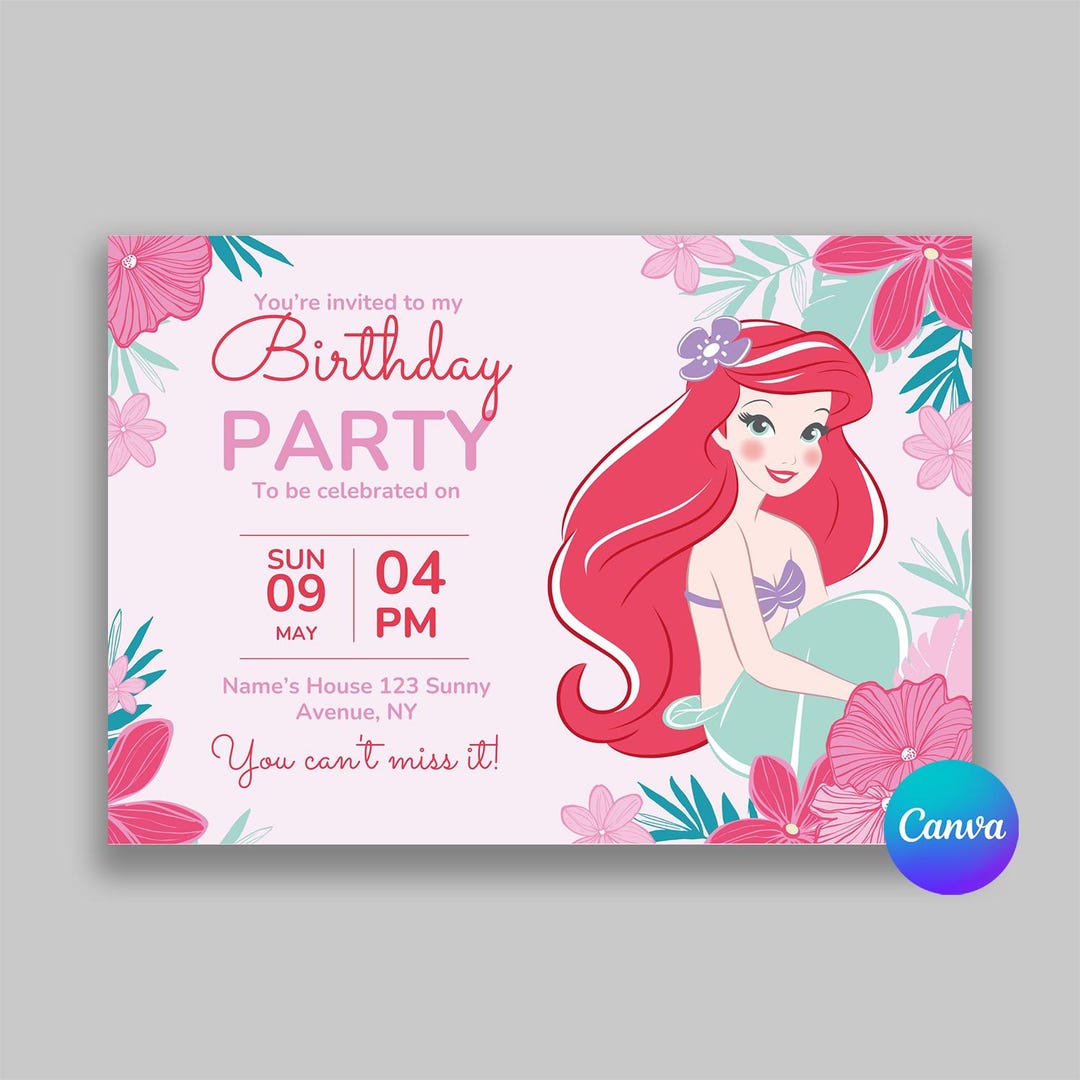 Little Mermaid Birthday Invitation Template: Editable Party Card ...